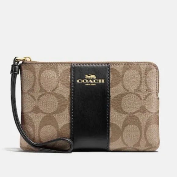 Coach | Bags | Nwt Coach F5835 Khakiblack Corner Zip Wristlet In ...
